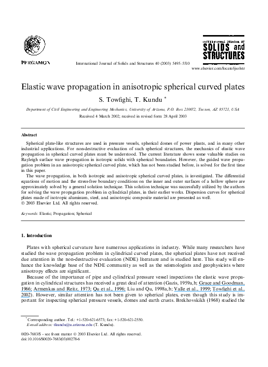 (PDF) Elastic wave propagation in anisotropic spherical curved plates