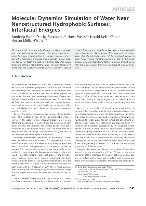 (PDF) Molecular Dynamics Simulation of Water Near Nanostructured ...
