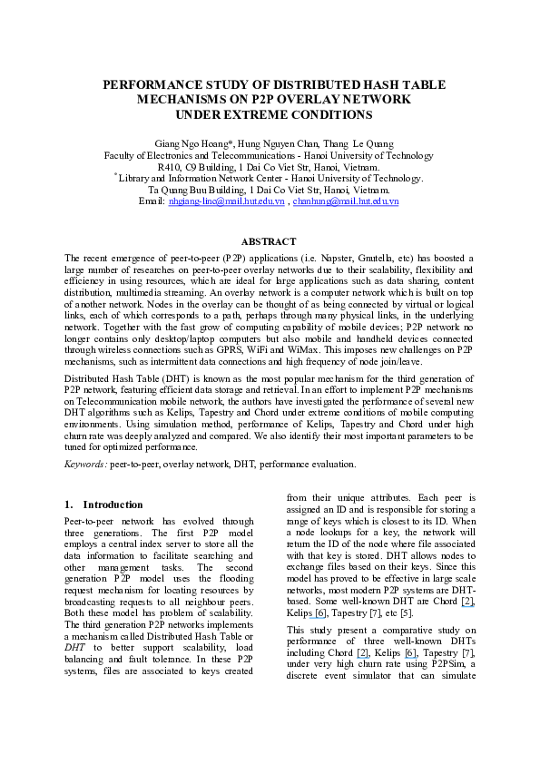 (PDF) PERFORMANCE STUDY OF DISTRIBUTED HASH TABLE MECHANISMS ON P2P ...
