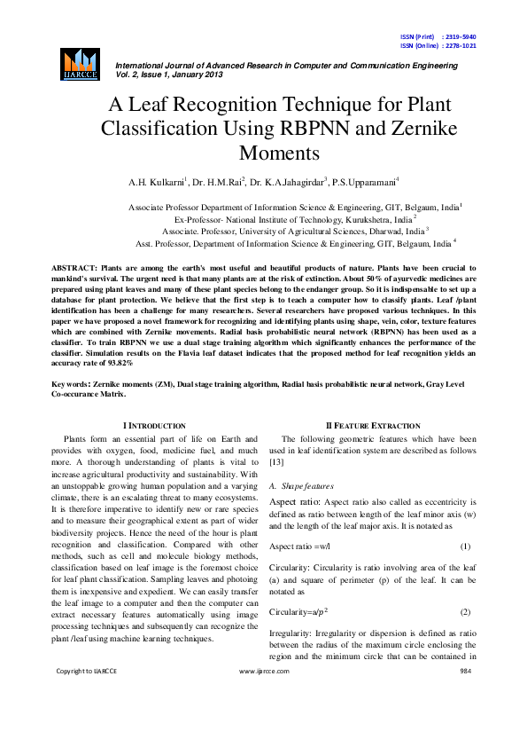 (PDF) A Leaf Recognition Technique for Plant Classification Using RBPNN and Zernike Moments