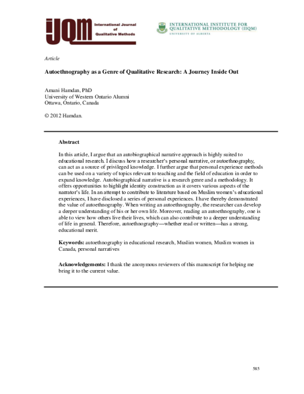 (PDF) Autoethnography as a Genre of Qualitative Research: A Journey ...