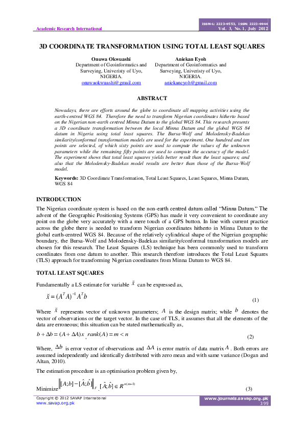 Pdf Academic Research International 3d Coordinate Transformation Using Total Least Squares