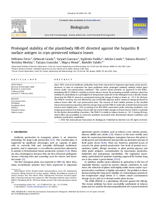 (PDF) Prolonged stability of the plantibody HB01 directed against the ...