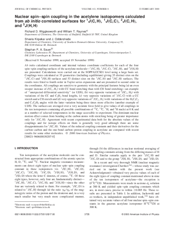 Pdf Nuclear Spin Spin Coupling In The Acetylene Isotopomers