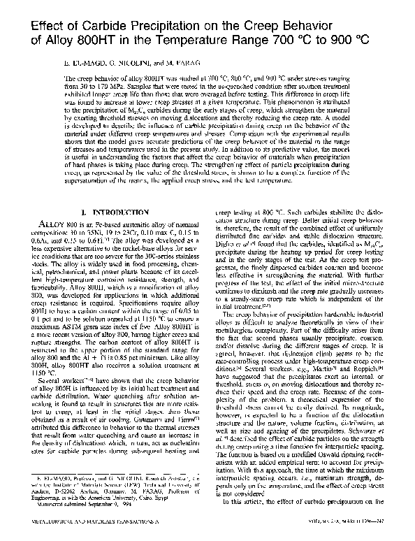 (PDF) Effect of carbide precipitation on the creep behavior of Alloy ...