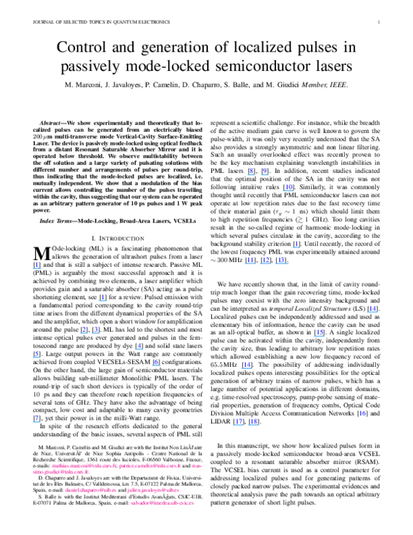 (PDF) Control and generation of localized pulses in passively mode-locked semiconductor lasers