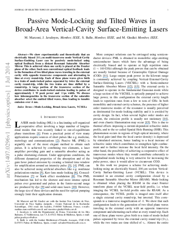 Pdf Passive Mode Locking And Tilted Waves In Broad Area Vertical Cavity Surface Emitting Lasers