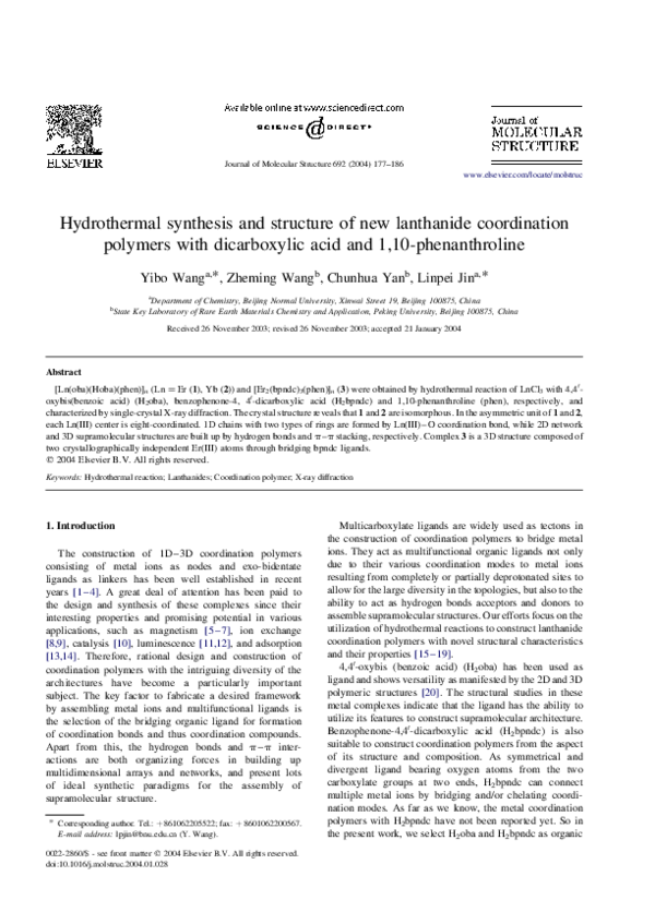 (PDF) Hydrothermal synthesis and structure of new lanthanide coordination polymers with ...