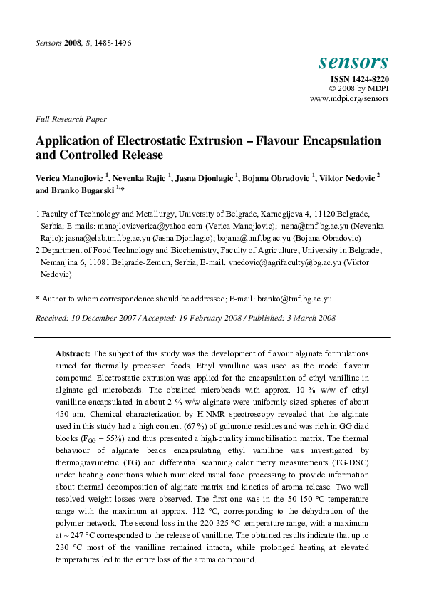 (PDF) Application of Electrostatic Extrusion – Flavour Encapsulation ...