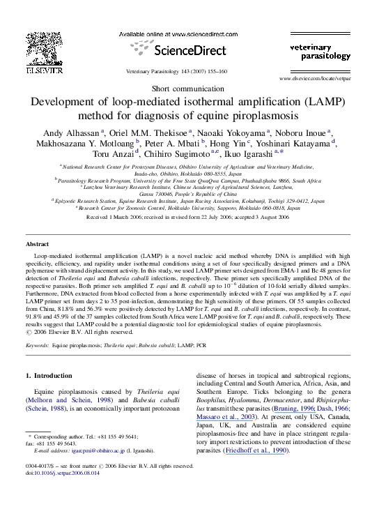 (PDF) Development of a loop-mediated isothermal amplification method for detection of Theileria ...