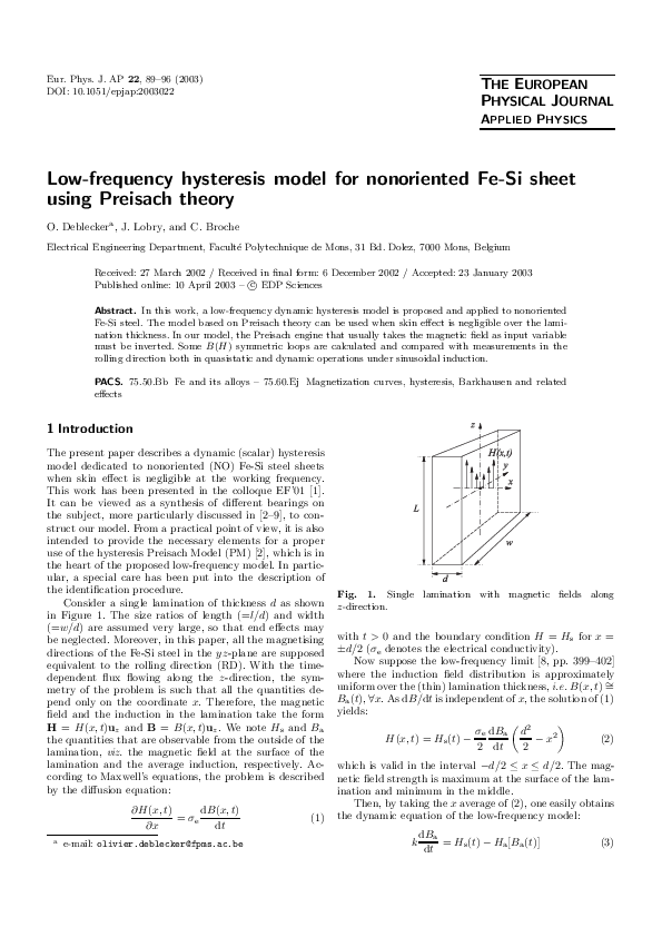 (PDF) Low-frequency hysteresis model for nonoriented Fe-Si sheet using Preisach theory