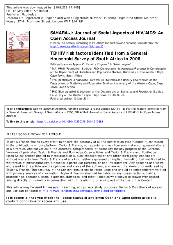 (PDF) TB/HIV risk factors identified from a General Household Survey of South Africa in 2006