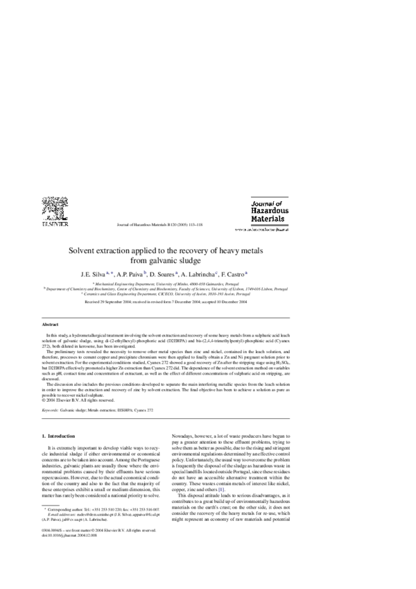 (PDF) Solvent extraction applied to the recovery of heavy metals from ...