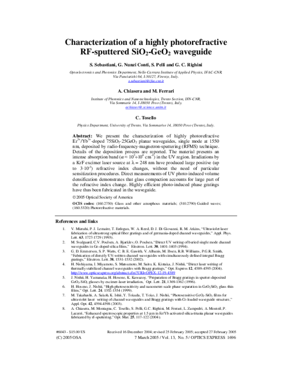 (PDF) Characterization of a highly photorefractive RF-sputtered SiO2-GeO2 waveguide | Giancarlo ...