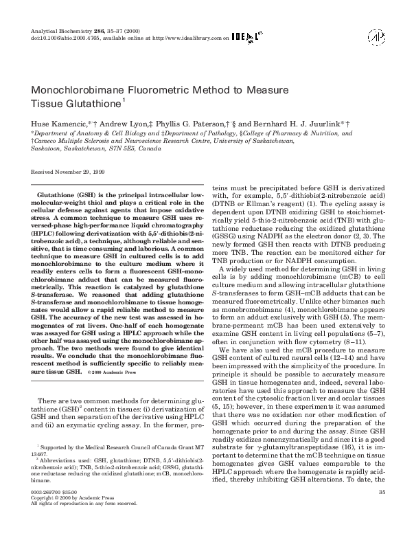 (PDF) Monochlorobimane Fluorometric Method to Measure Tissue Glutathione