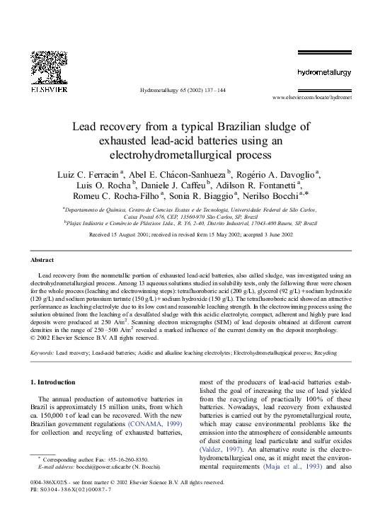 (PDF) Lead recovery from a typical Brazilian sludge of exhausted lead ...
