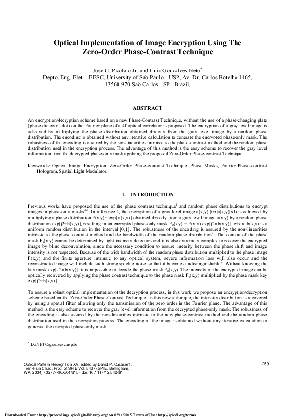 Pdf Optical Implementation Of Image Encryption Using Random Phase Encoding Luiz Neto