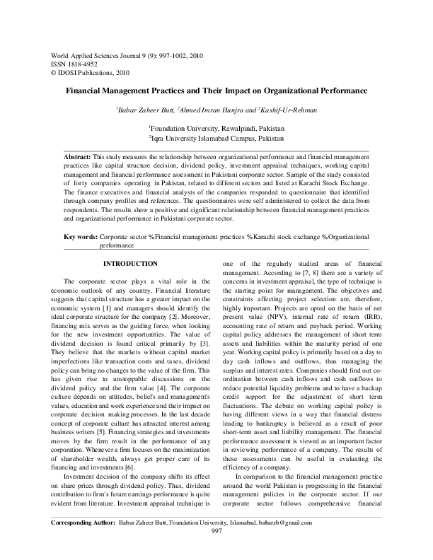 (PDF) Financial Management Practices and Their Impact on Organizational Performance