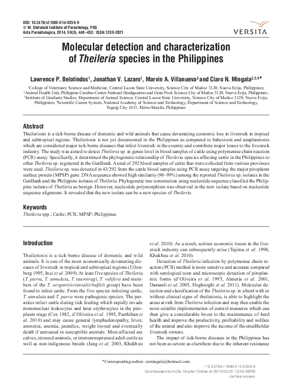 Pdf Molecular Detection And Characterization Of Theileria Species In