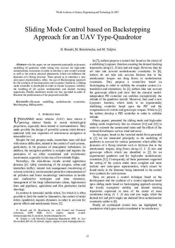 (PDF) sliding mode control based on backstepping approach for an UAV type-quadrotor