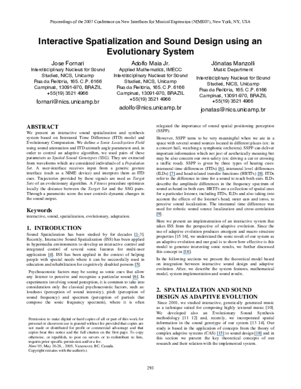 (PDF) Interactive Spatialization and Sound Design using an Evolutionary System