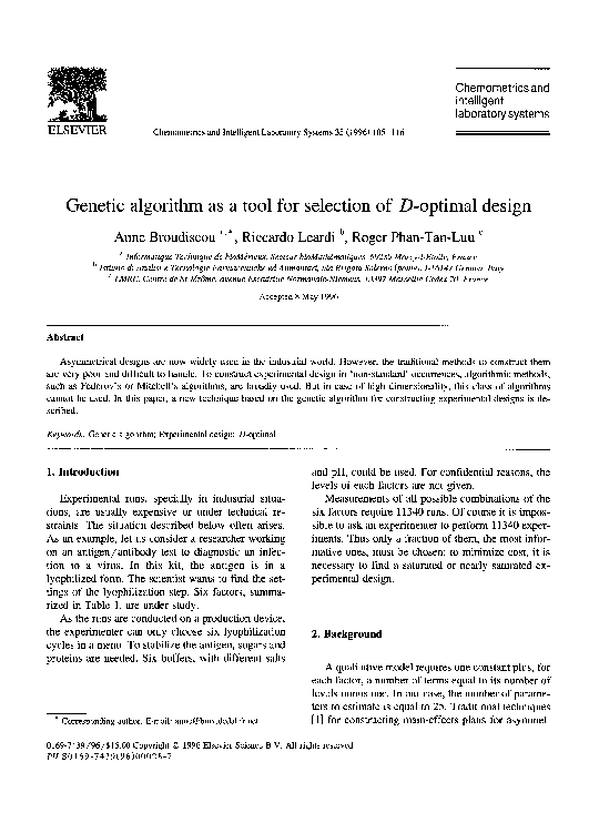 Pdf Genetic Algorithm As A Tool For Selection Of D Optimal Design R