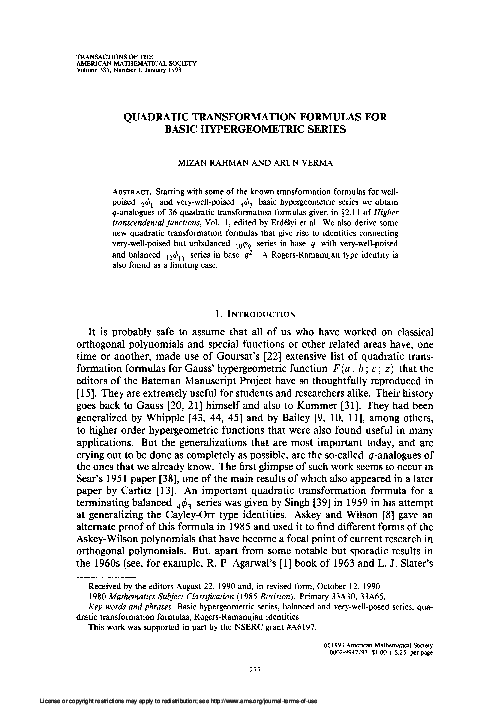 Pdf Quadratic Transformation Formulas For Basic Hypergeometric Series
