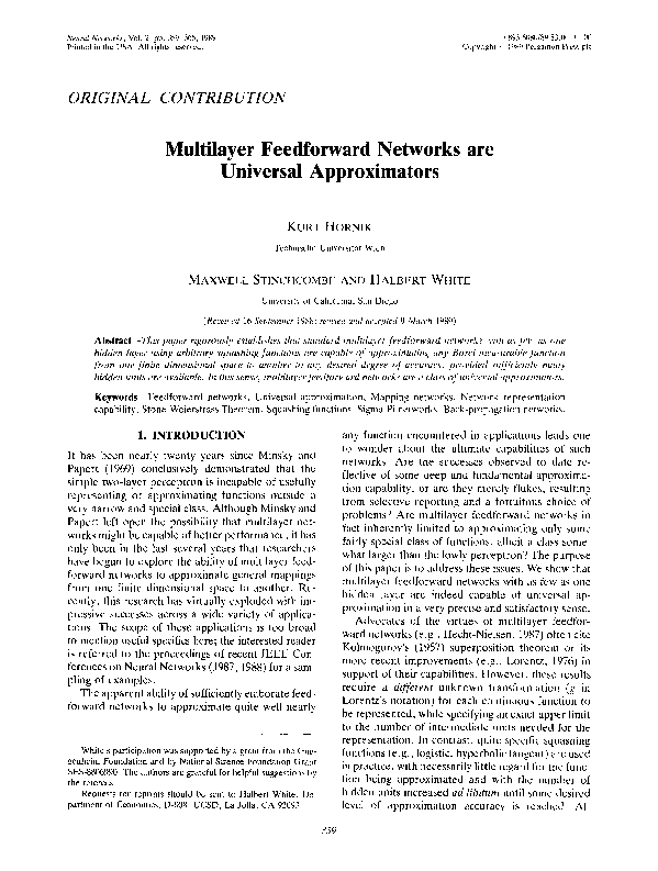 (PDF) Multilayer feedforward networks are universal approximators