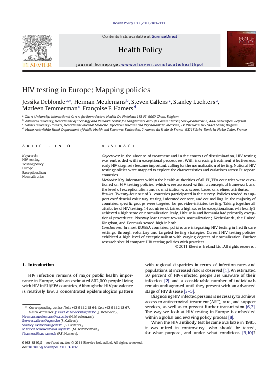 Pdf Hiv Testing In Europe Mapping Policies