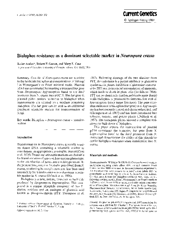 (PDF) Bialaphos resistance as a dominant selectable marker in ...