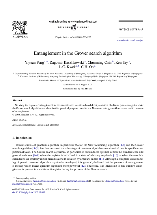 (PDF) Entanglement in the Grover search algorithm