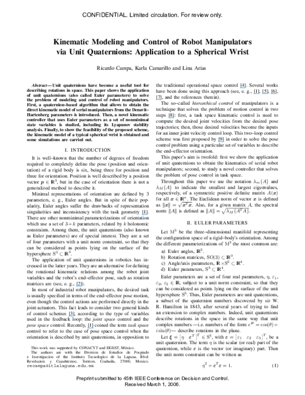 (PDF) Kinematic Modeling and Control of Robot Manipulators via Unit Quaternions: Application to ...