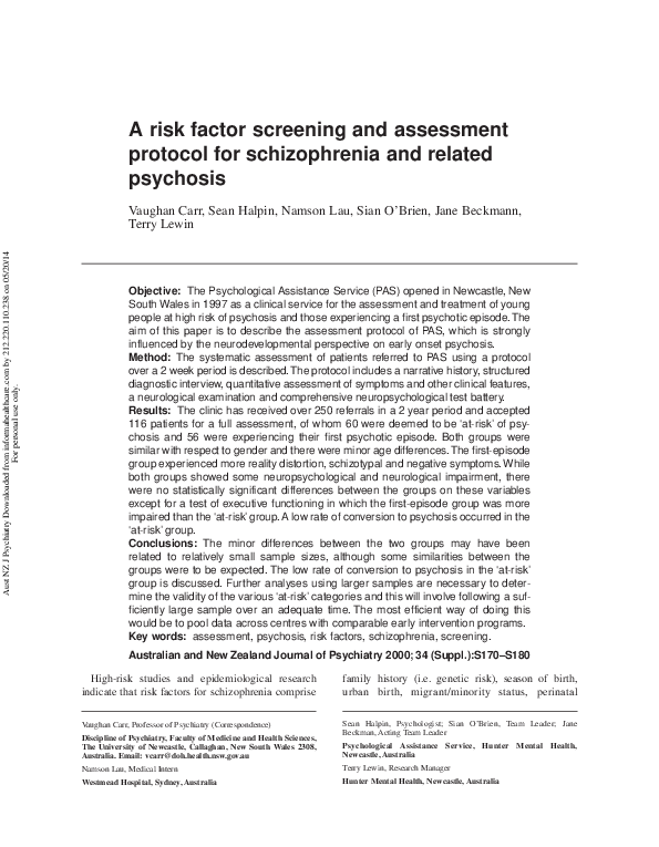 (PDF) A risk factor screening and assessment protocol for schizophrenia ...