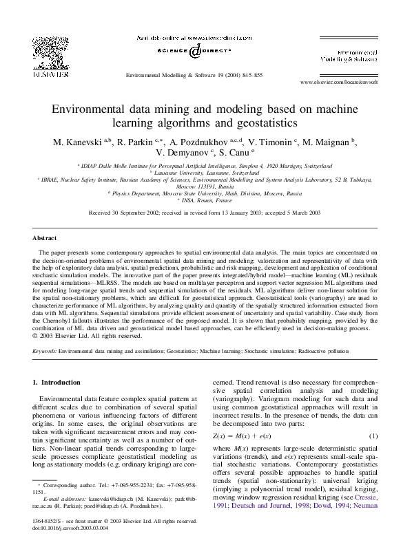 Pdf Environmental Data Mining And Modeling Based On Machine Learning Algorithms And Geostatistics