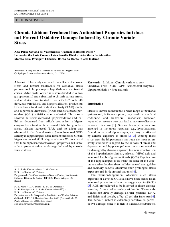 (PDF) Chronic Lithium Treatment has Antioxidant Properties but does not ...