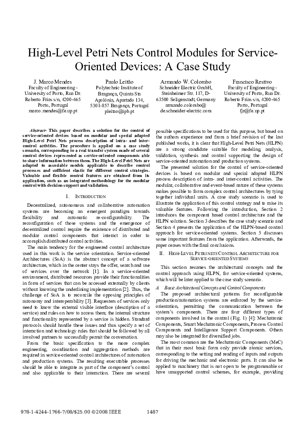 (PDF) High-Level Petri Nets control modules for service-oriented devices: A case study | João ...