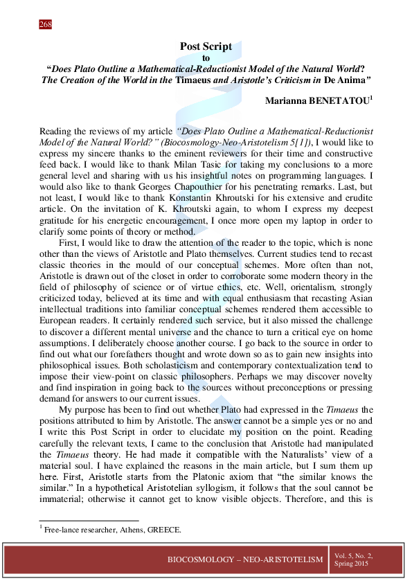 (PDF) Post Script to " Does Plato Outline a Mathematical-Reductionist ...