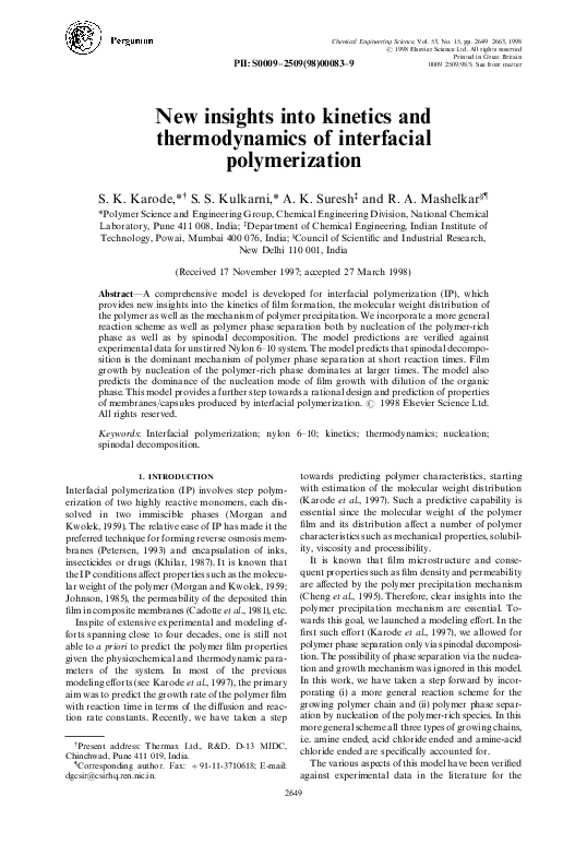 (PDF) New insights into kinetics and thermodynamics of interfacial polymerization