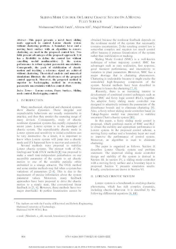 (PDF) Sliding mode control of lorenz chaotic system on a moving fuzzy surface