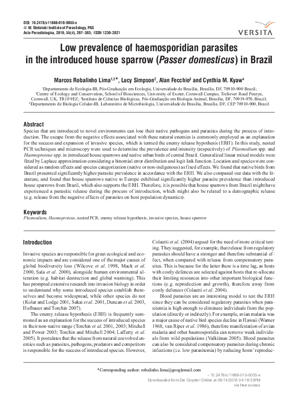 (PDF) Low prevalence of haemosporidian parasites in the introduced ...