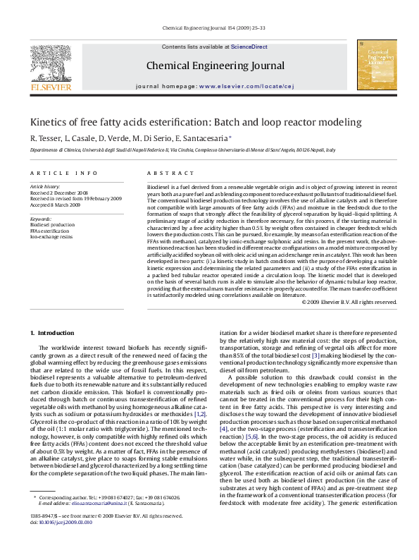 (PDF) Kinetics of free fatty acids esterification: Batch and loop ...
