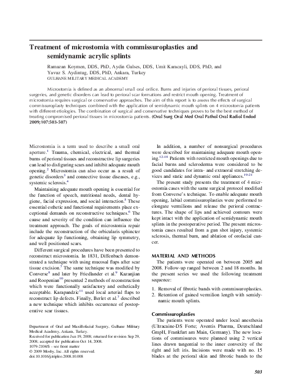 (PDF) Treatment of microstomia with commissuroplasties and semidynamic ...