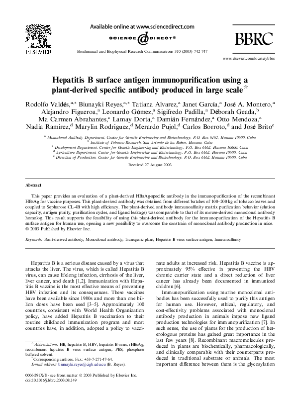 (PDF) Hepatitis B surface antigen immunopurification using a plant ...