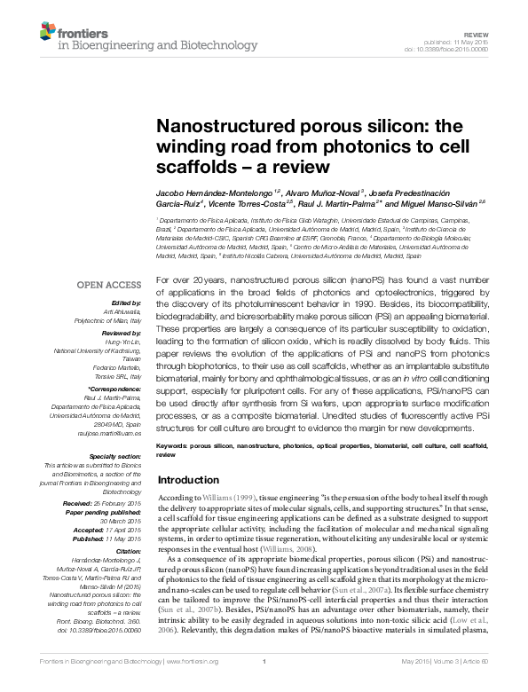 (PDF) Nanostructured porous silicon: the winding road from photonics to cell scaffolds – a review