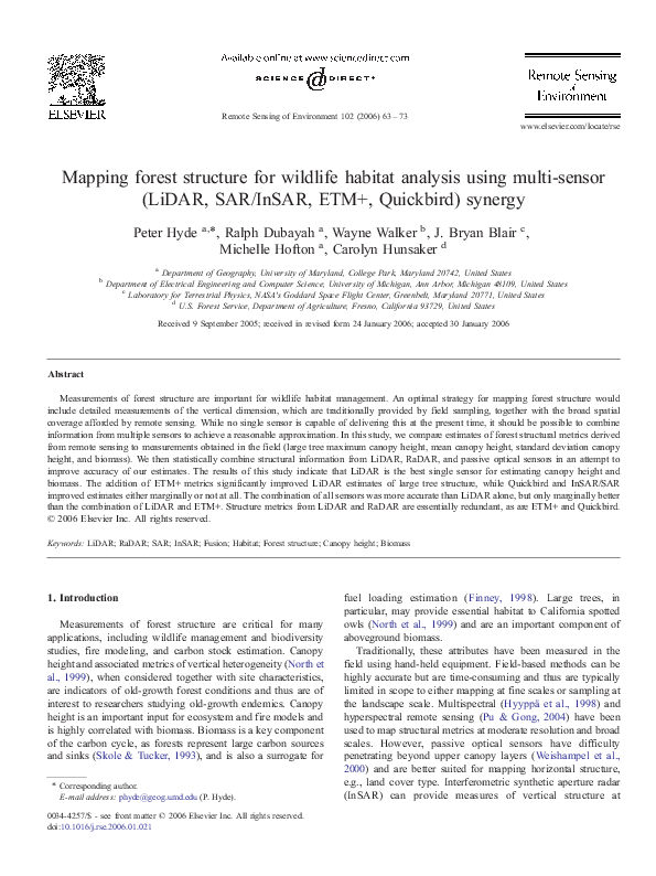 Pdf Mapping Forest Structure For Wildlife Habitat Analysis Using Multi Sensor Lidar Sar