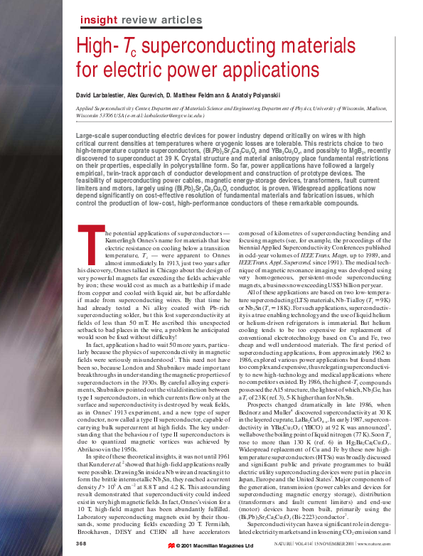 Pdf High Tc Superconducting Materials For Electric Power Applications