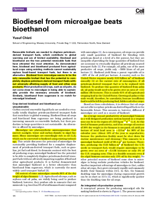 (PDF) Biodiesel from microalgae beats bioethanol