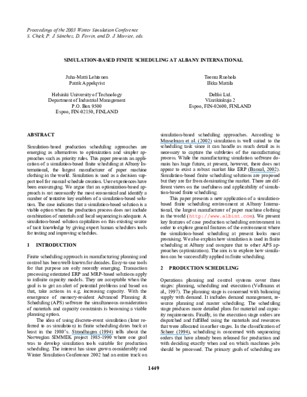 Pdf Factory Scheduling Simulation Based Finite Scheduling At Albany