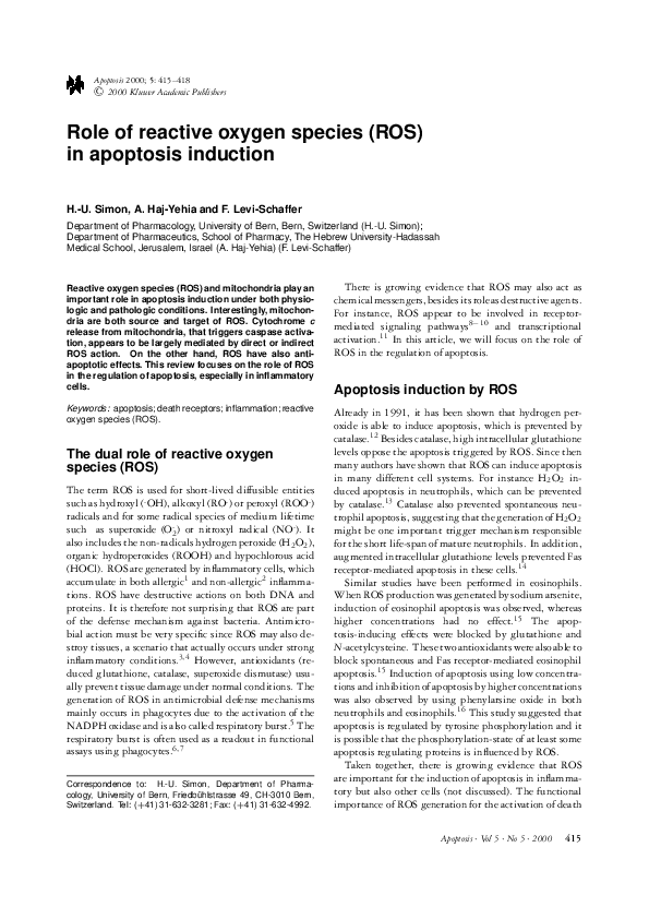 (PDF) Role of reactive oxygen species (ROS) in apoptosis induction