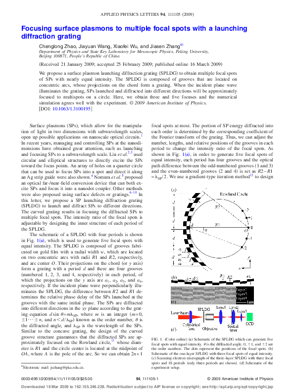 (PDF) Focusing surface plasmons to multiple focal spots with a launching diffraction grating